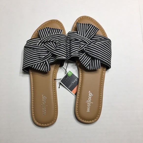 west loop | Shoes | Nwt Black White Striped Bow Sandals Flats | Poshmark